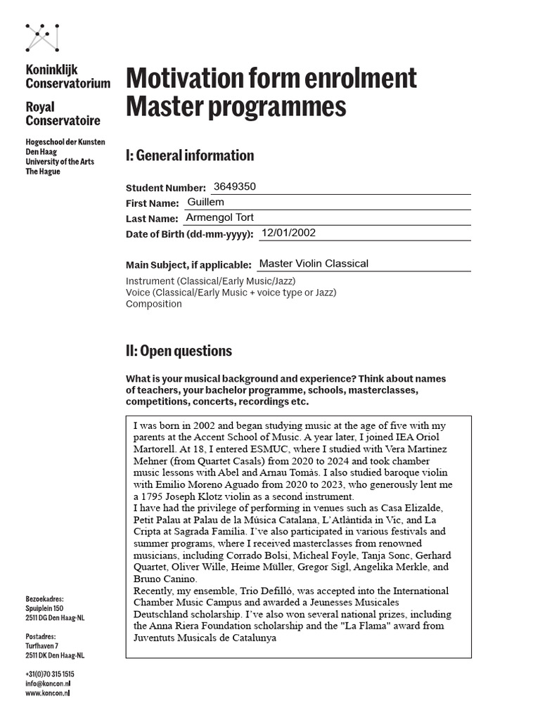Master Programme Motivation Form | PDF | Musical Compositions | Chamber ...