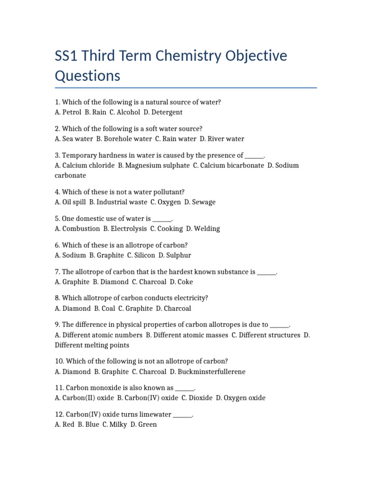 SS1 - Chemistry - Third Term | PDF | Carbon | Hydrocarbons