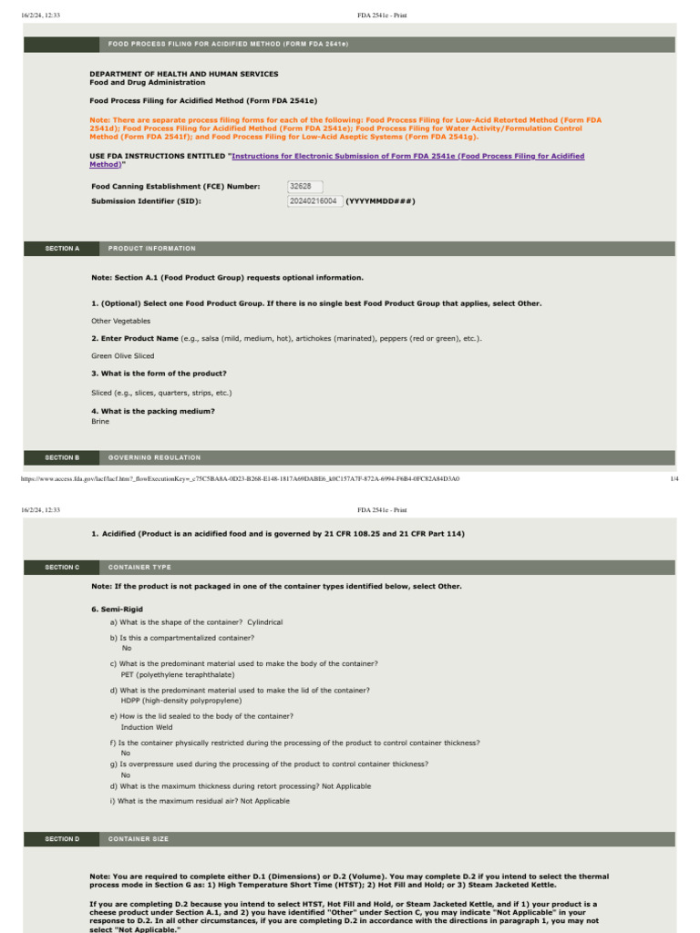 FDA Form 2541e: Acidified Food Filing | PDF | Food And Drug ...