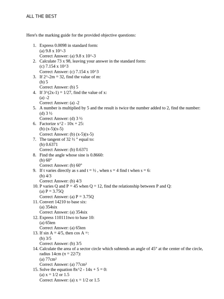 Marking Scheme ss1 Maths | PDF