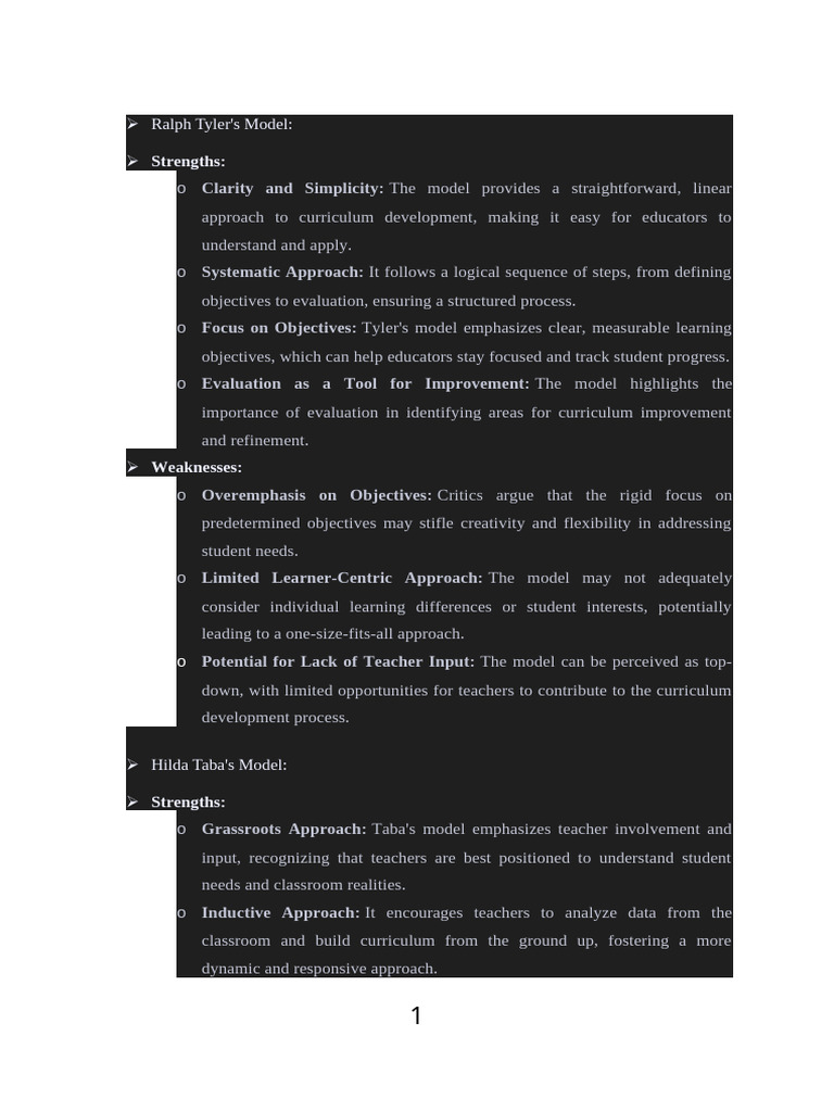 Comparing Taba and Tyler's Models | PDF | Curriculum | Evaluation