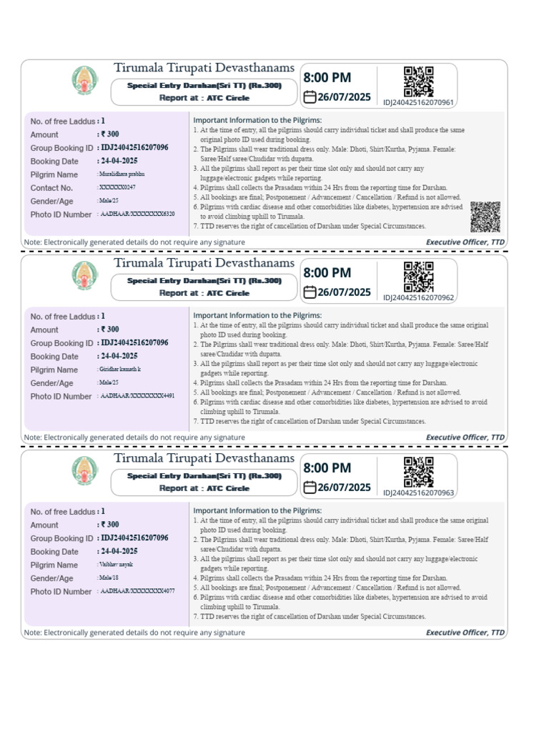 Special Entry Darshan Booking Details | PDF