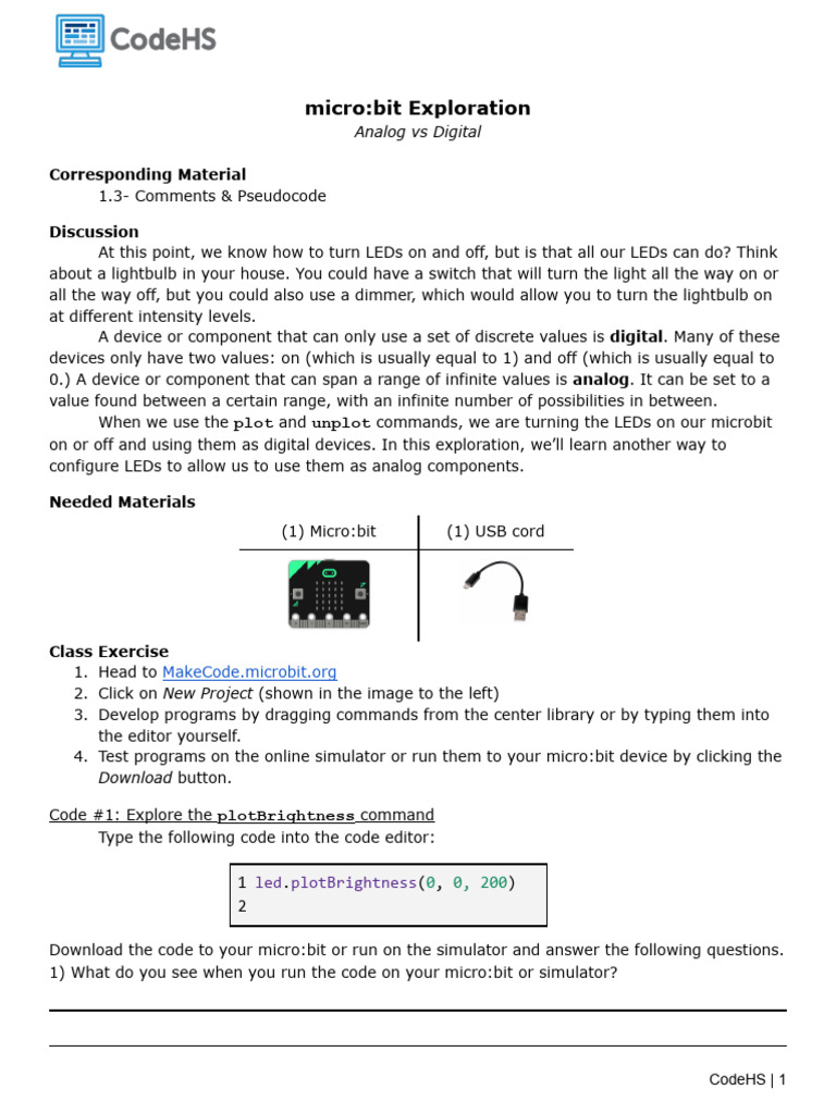 Exploration - Analog Vs Digital (Student) (Physical Computing) (Micro - Bit) (Intro To Micro ...
