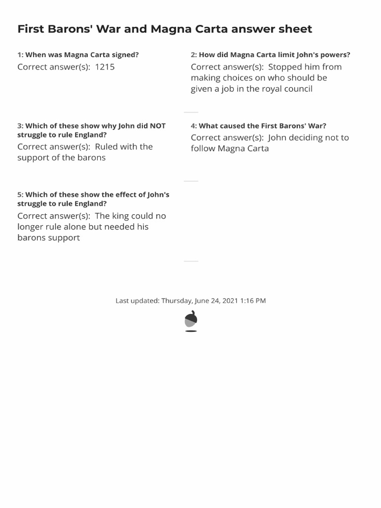 The First Barons War and Magna Carta 6cwkgt Exit Quiz Answers | PDF