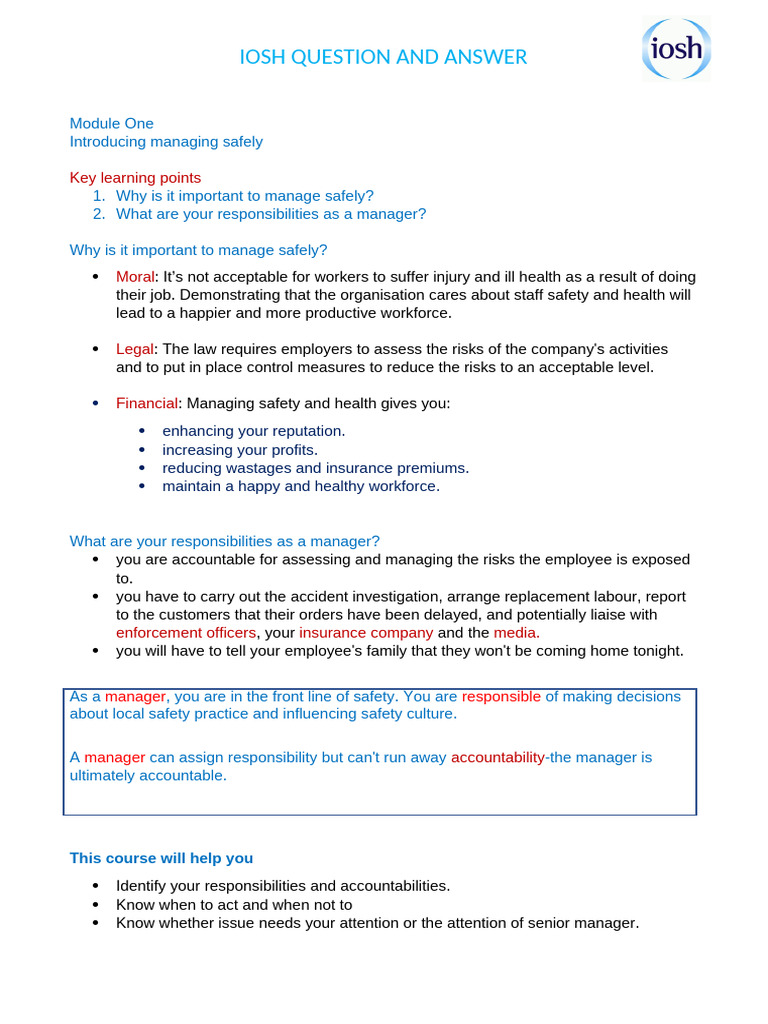 Iosh Question and Answer | PDF | Occupational Safety And Health | Risk