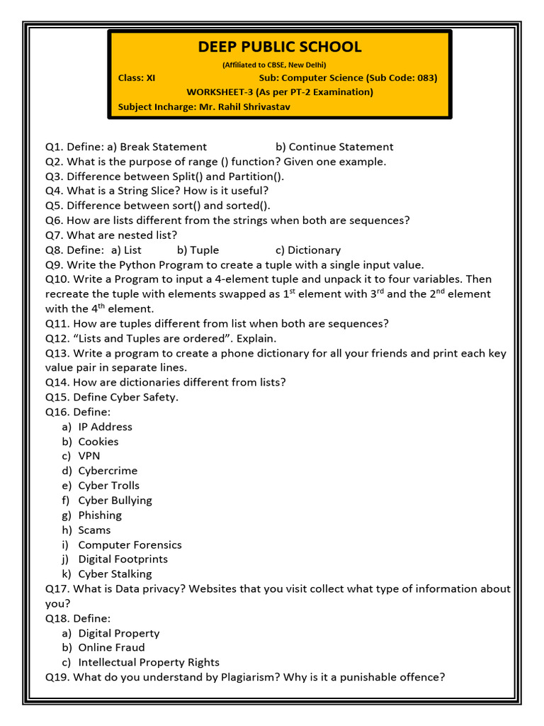 Worksheet 3 - Class XI CS PT-2 | PDF