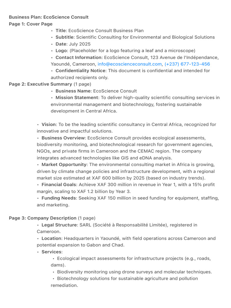 Business Plan - EcoScience Consult | PDF | Equity (Finance) | Expense