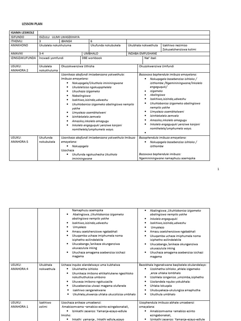ISIZULU LESSON PLAN 5 A Term3 Grade6 2016 | PDF