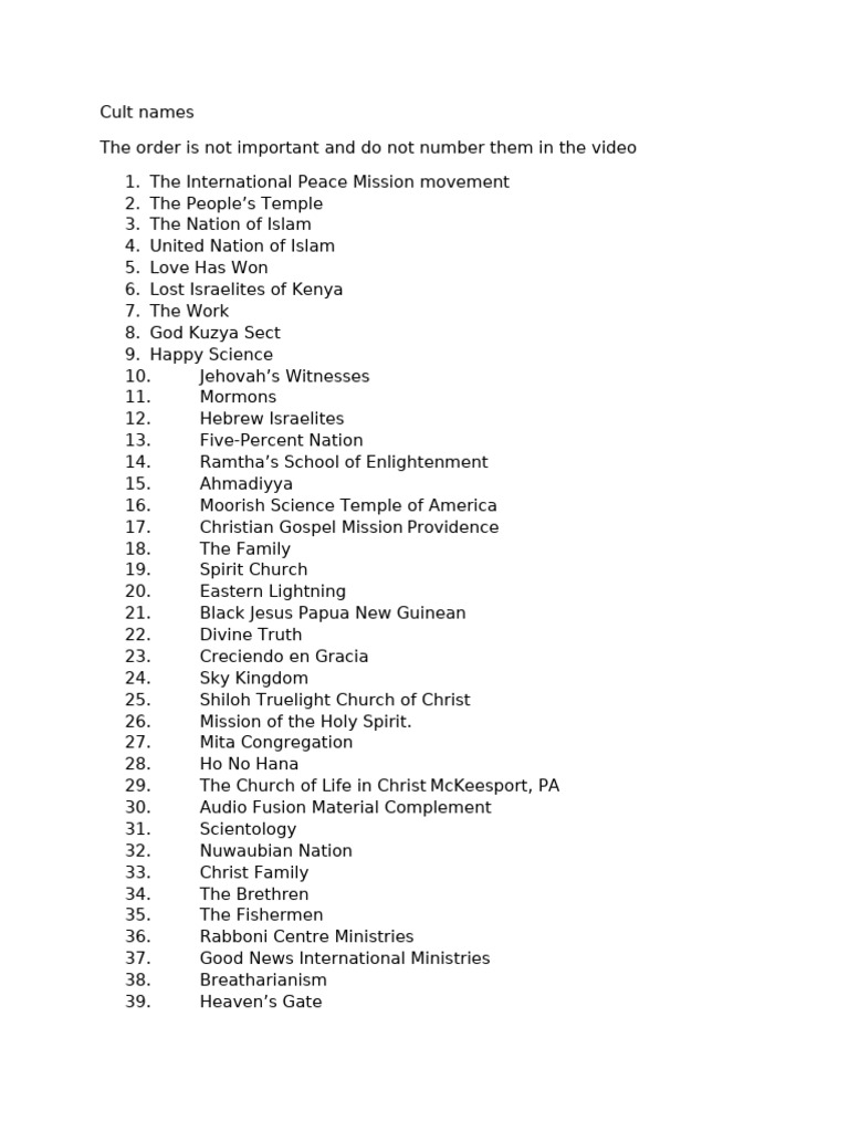 List of Cult Names and Groups | PDF