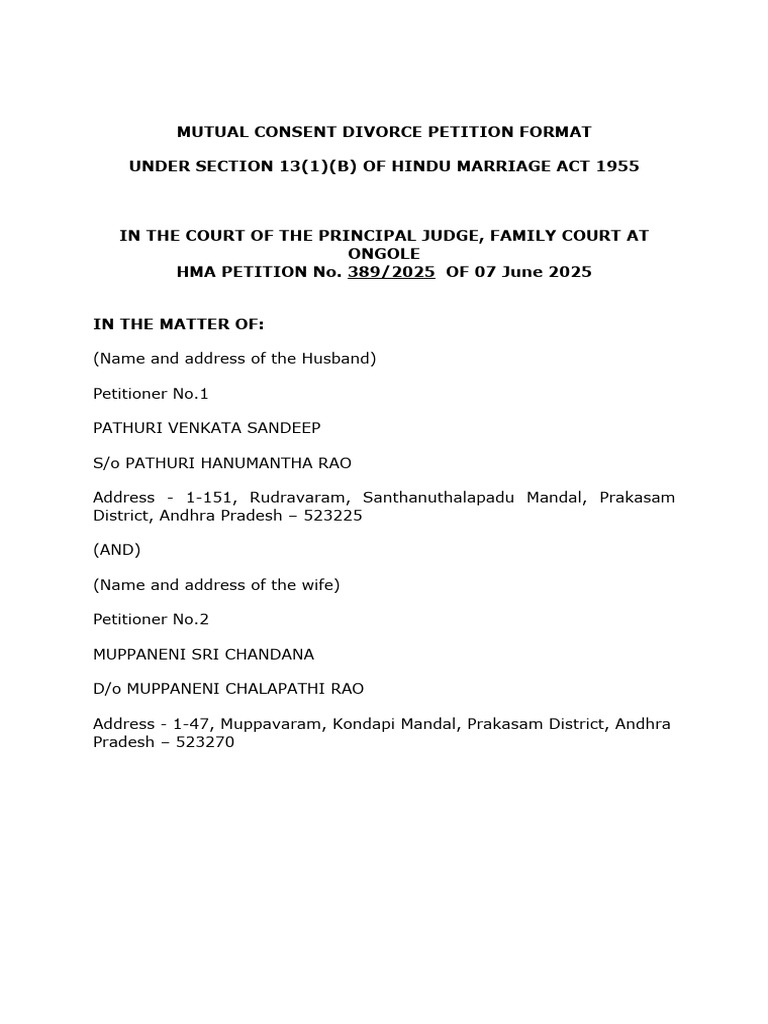 Mutual Consent Divorce Petition | PDF | Divorce | Marriage