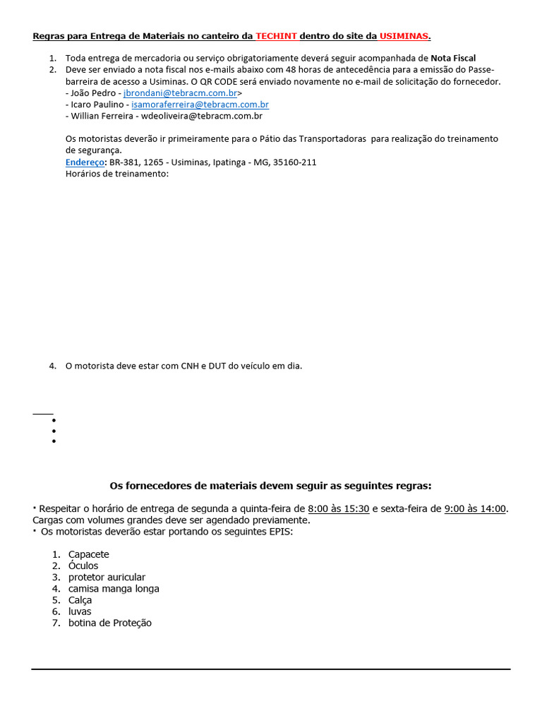 Regras de Entrega na Usiminas TECHINT | PDF