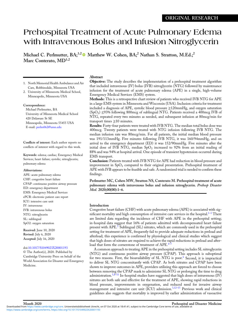 Prehospital Treatment of Acute Pulmonary Edema With Intravenous Bolus ...