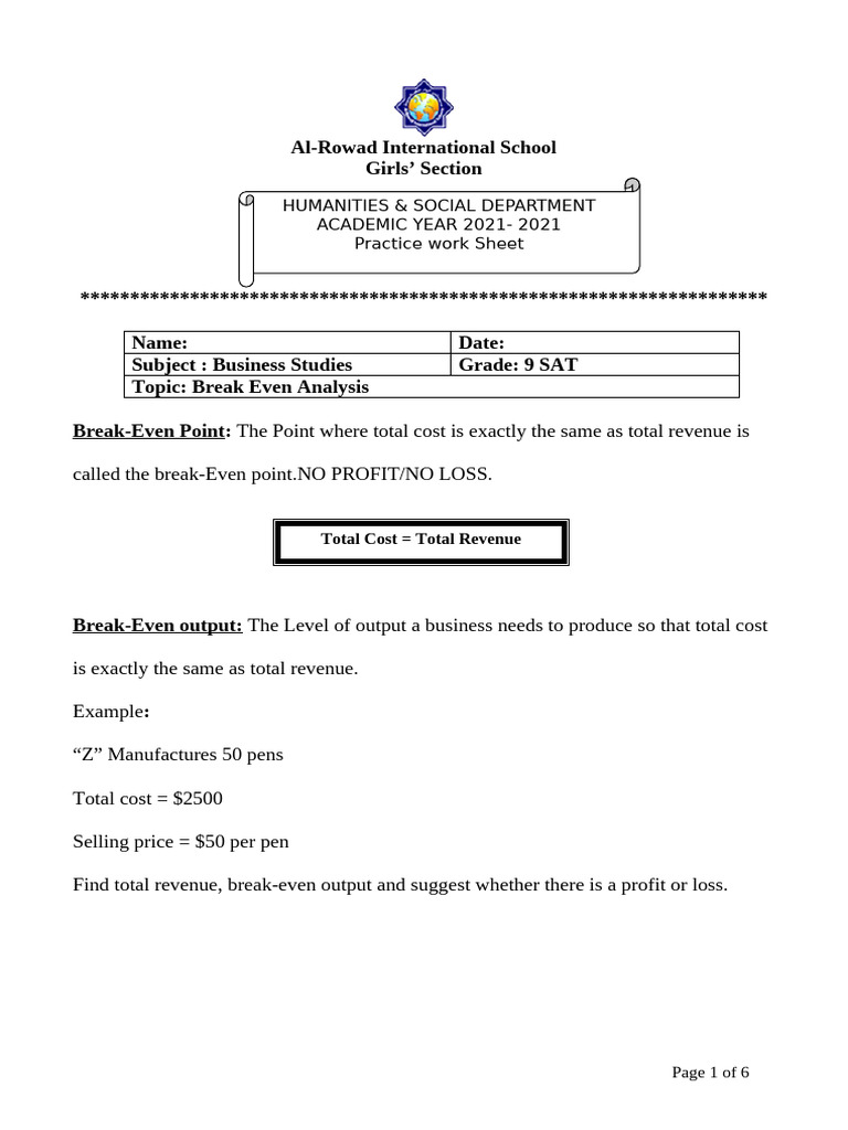 Break-Even Analysis for Business Studies | PDF | Pricing | Income Statement