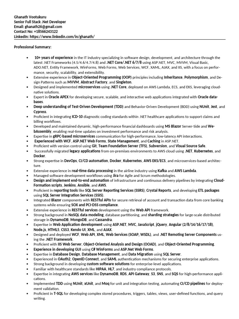 Ghanath Vootukuru: Senior .NET Developer | PDF | Language Integrated ...
