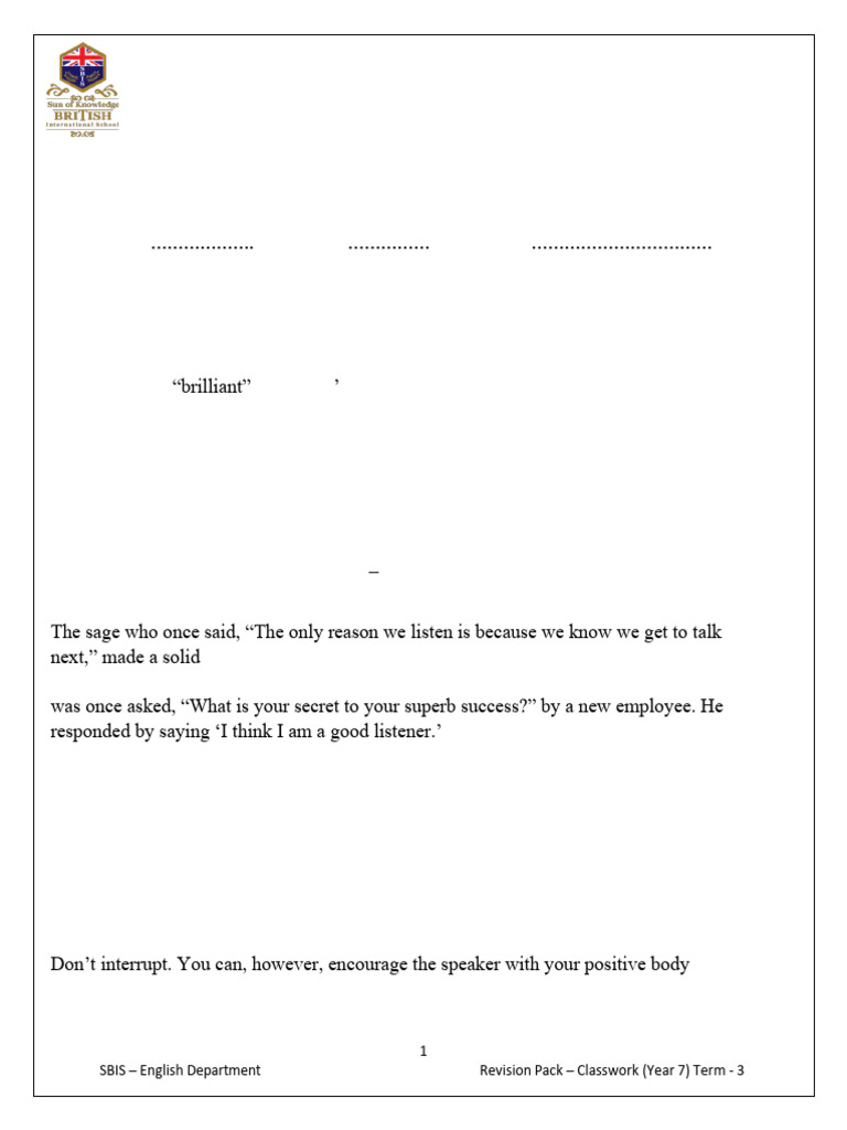 Revision Pack - Term 3 Year 7 | PDF