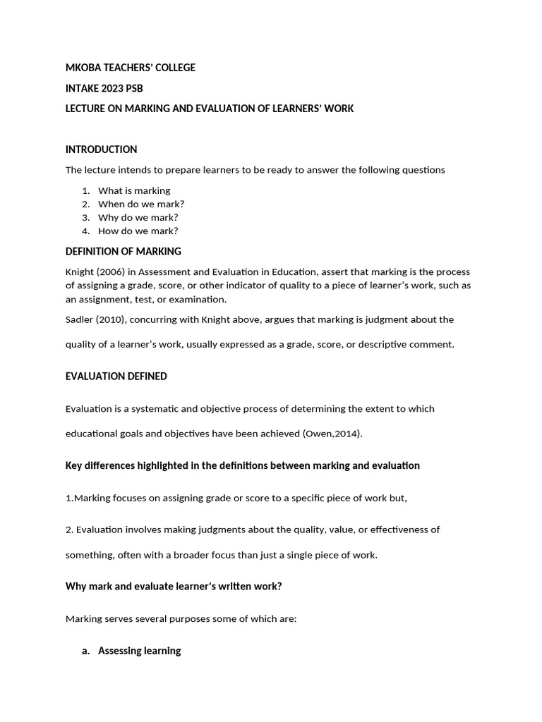 Marking and Evaluation of Learners' Work | PDF | Educational Assessment ...