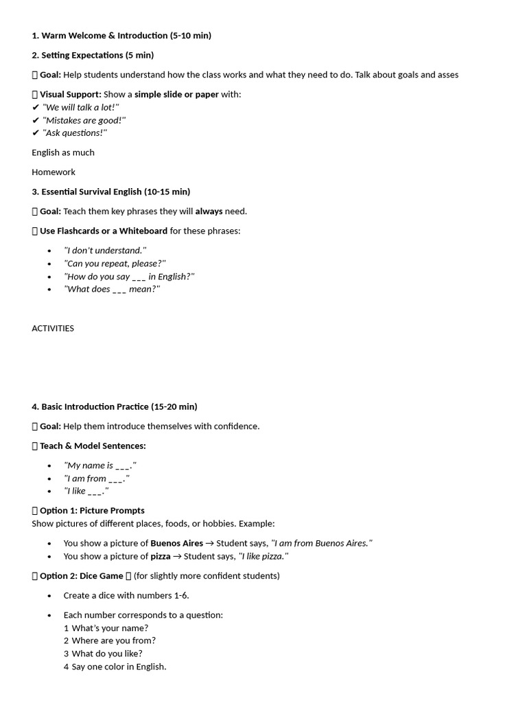 Introducción a la Clase de Inglés A1 | PDF
