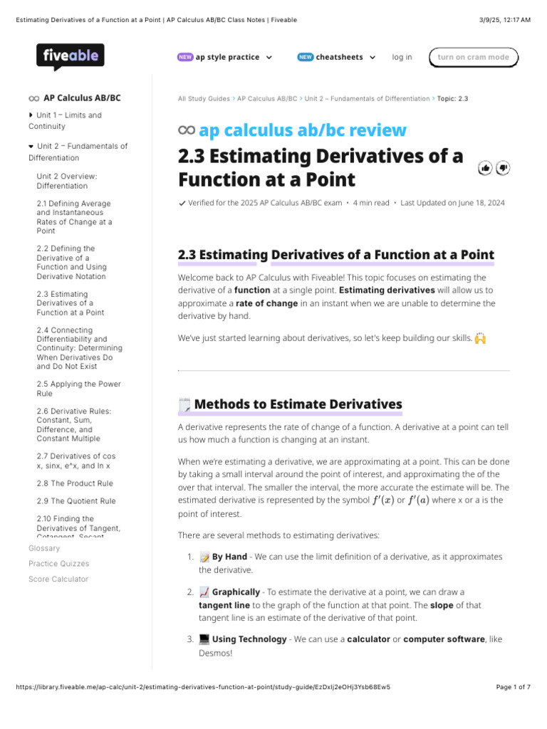2.3 Estimating Derivatives of A Function at A Point - AP Calculus AB:BC ...