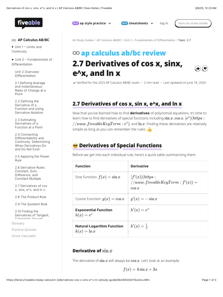 Derivatives of Special Functions in AP Calc | PDF | Trigonometric ...