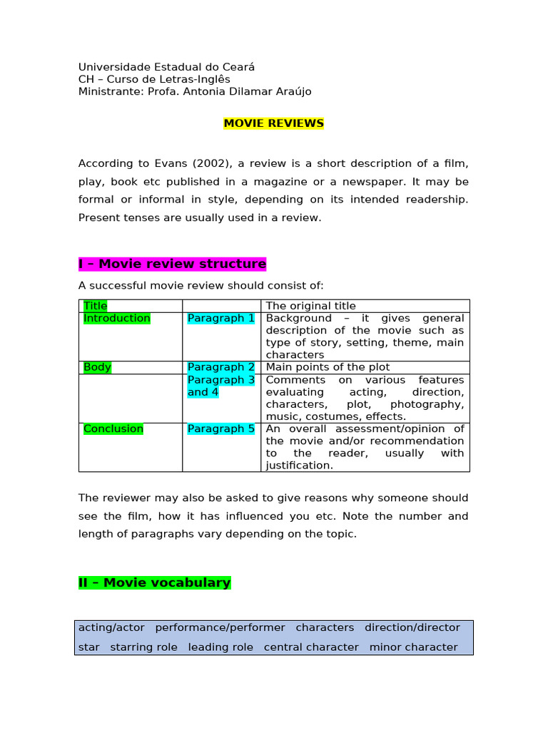 (REVISADO) Handout - Movie Reviews | PDF