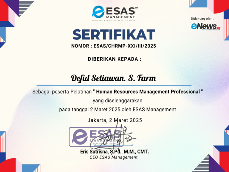 Sertifikat - Defid Setiawan. S. Farm | PDF