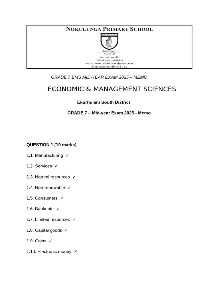 Ems Grade 7 Mid Year Exam Memo | PDF | Money | Credit