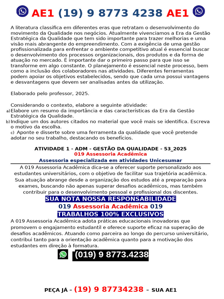 Atividade 1 - Adm - Gestão Da Qualidade - 53_2025 | PDF