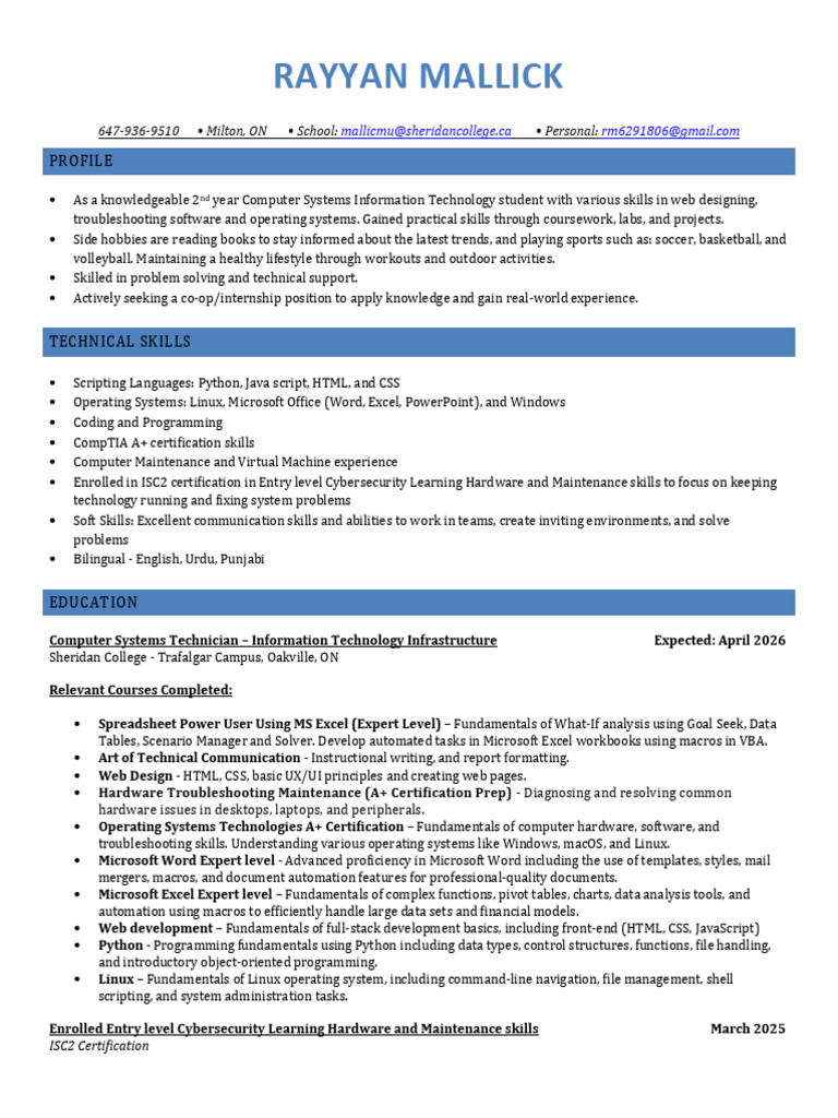 Rayyan Mallick - Sheridan College | PDF | Microsoft Excel | Computer Engineering