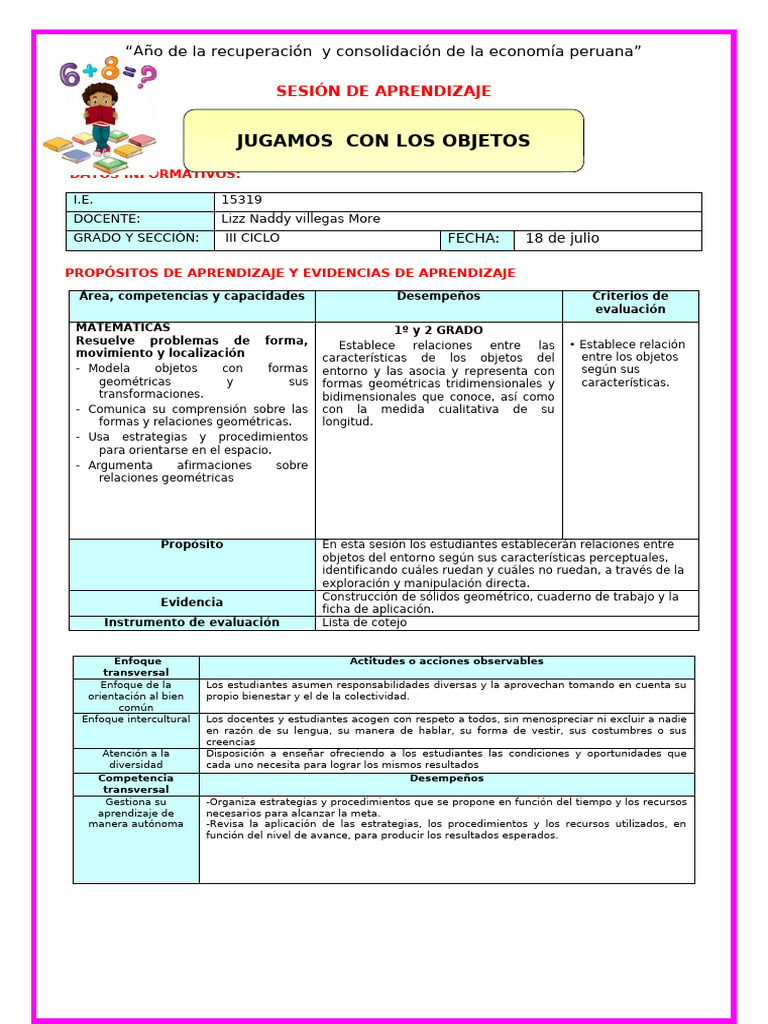1º U4 S4 Sesion D5 Mat Jugamos Con Los Objetos | PDF | Evaluación | Geometría