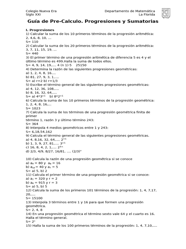 Guía de Progresiones y Sumatorias | PDF | Teoría de los números | Series (Matemáticas)