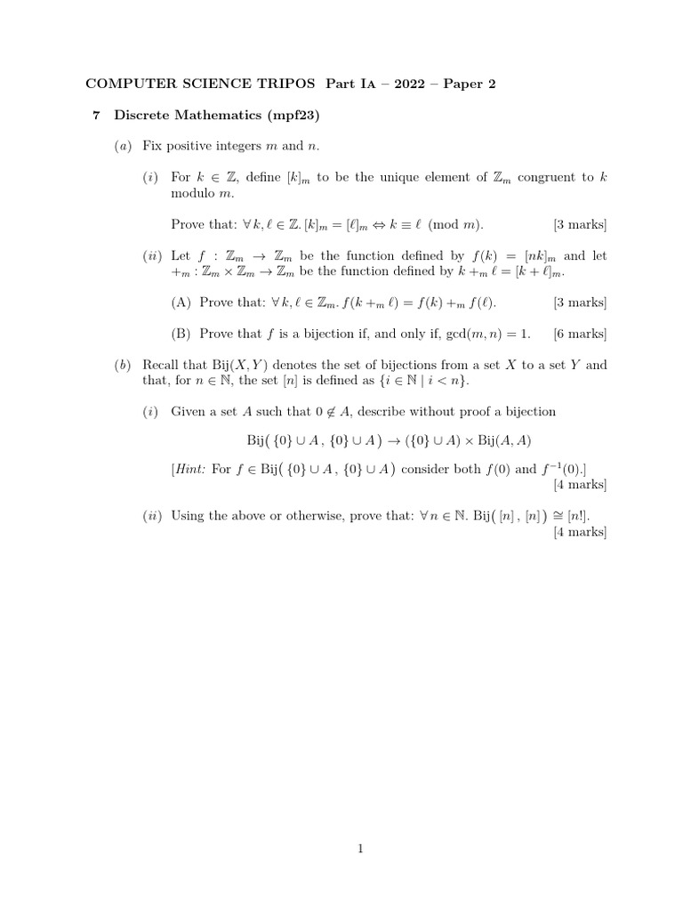 Computer Science Tripos Part I - 2022 - Paper 2 Discrete Mathematics ...