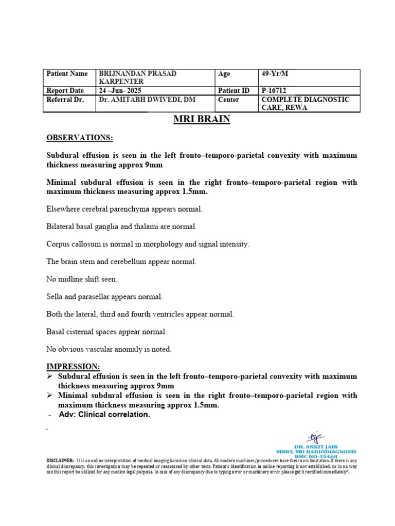 MRI Brain Report: Subdural Effusion Findings | PDF | Central Nervous ...