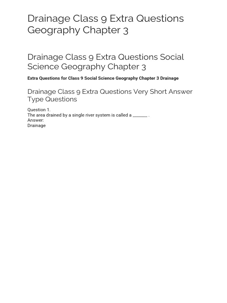 Class 9 Geography Drainage Questions | PDF | Landscape | Environmental ...