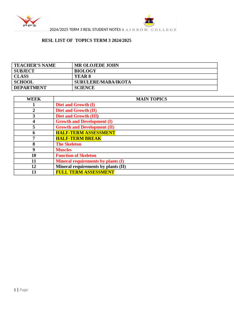 Year 8 Biology Term 3 Notes 2024/2025 | PDF | Skeleton | Cartilage