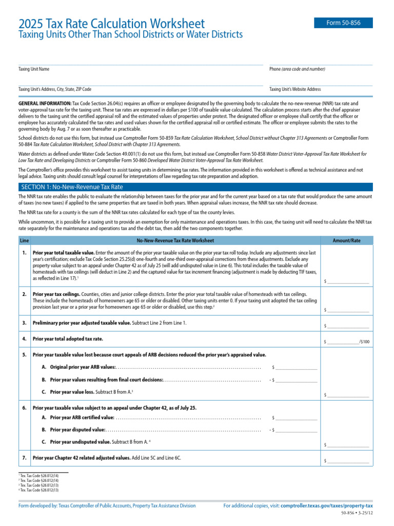 Texas Property Tax Calculation Worksheet For 2025 | PDF | Taxes | Tax Rate