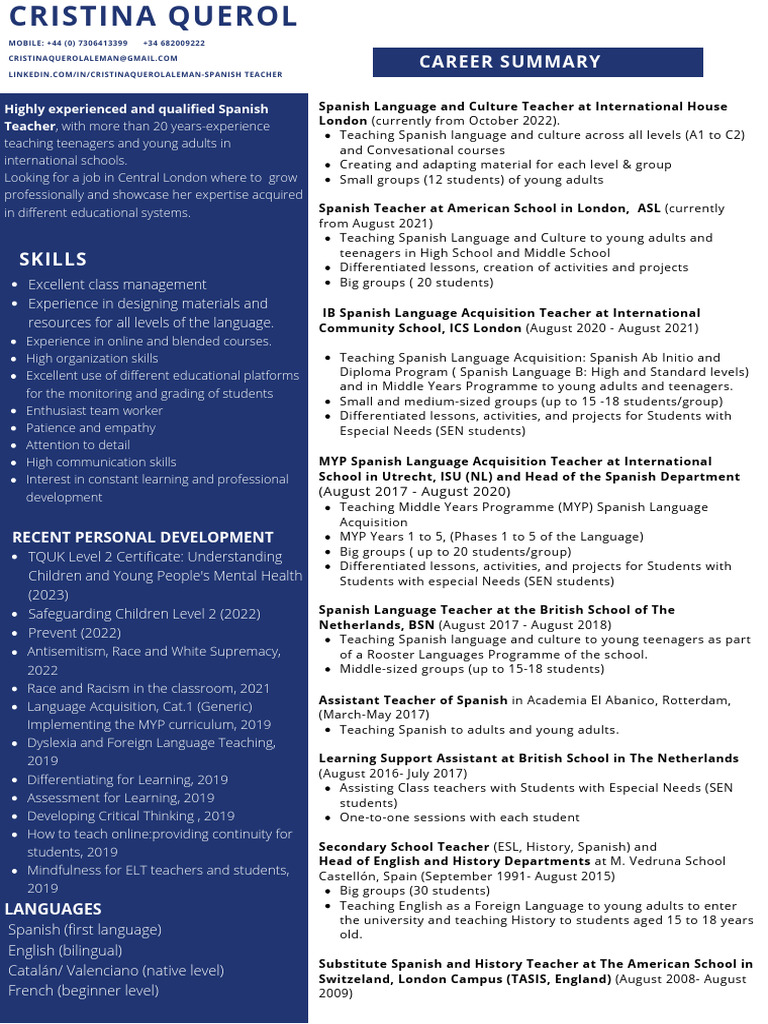 CV Cristina Querol | PDF | Teachers | English As A Second Or Foreign ...