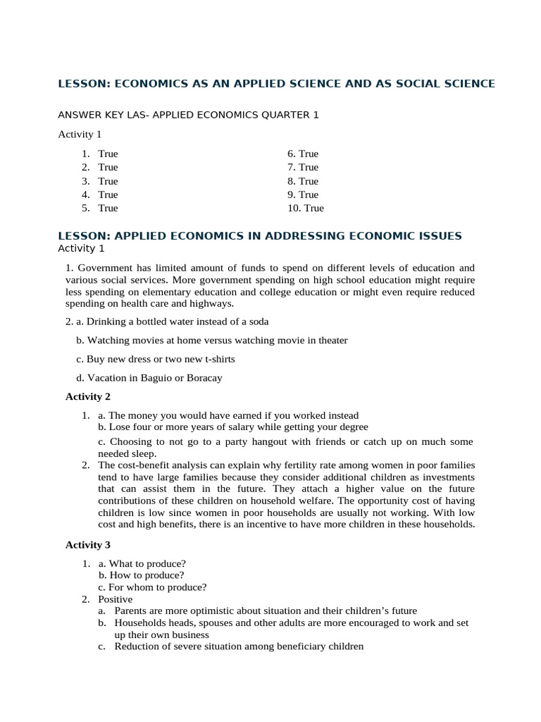 Las-Applied Econ Answer Key | PDF | Supply (Economics) | Demand