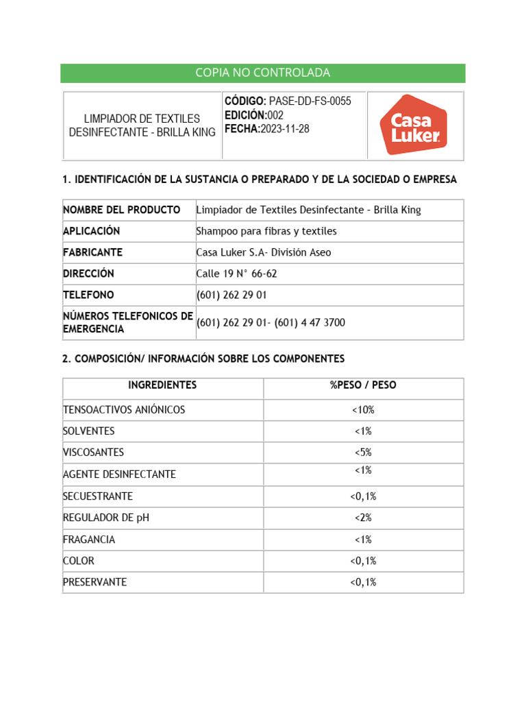 Limpiador Textiles Desinfectante Brilla King | PDF