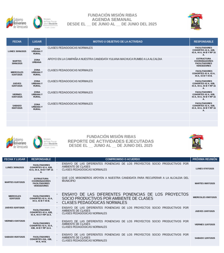 Agenda Semanal Y Reporte De Actividades Ejecutadas Ribas Nacional