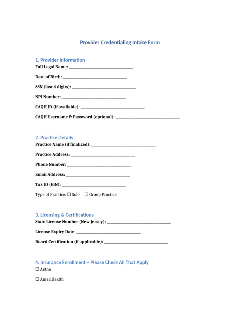 Credentialing Intake Form Malakos | PDF