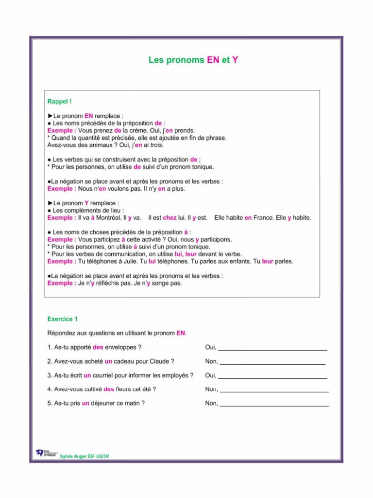 Exercices D'application - Pronoms y Et en | PDF
