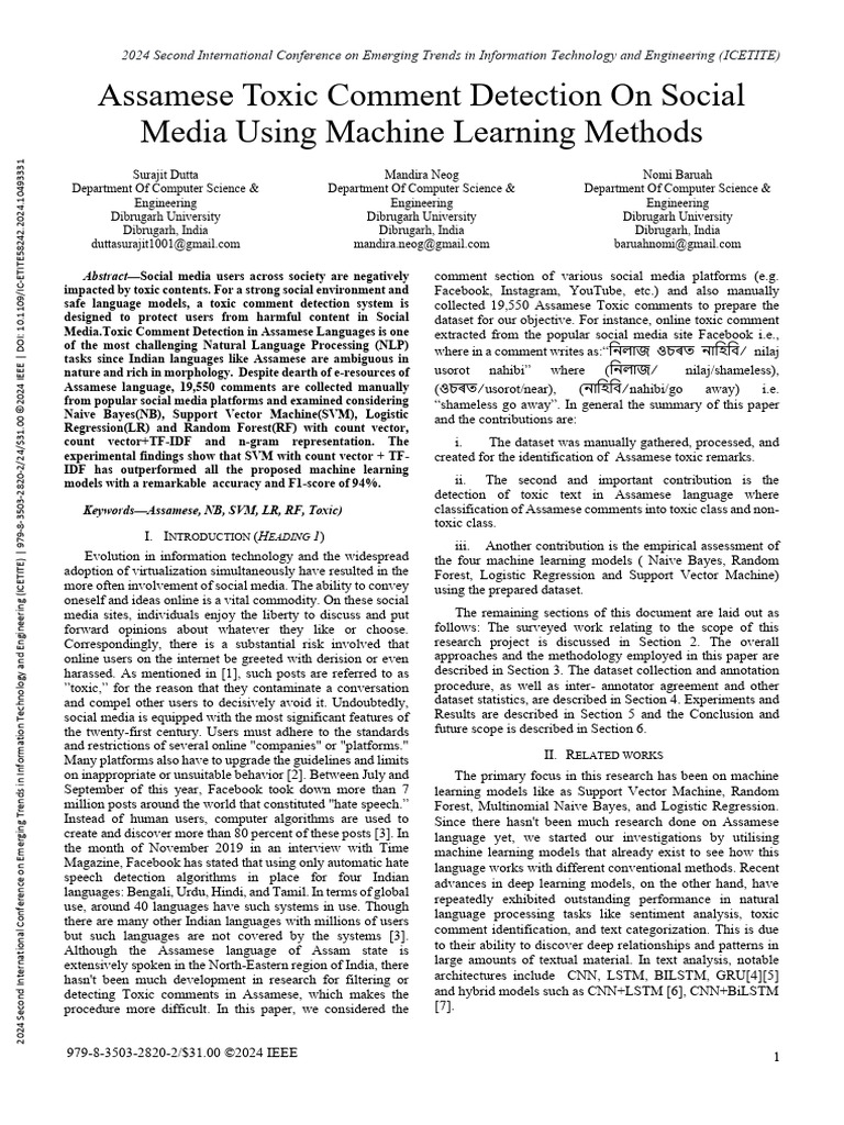Assamese Toxic Comment Detection On Social Media Using Machine Learning Methods | PDF | Support ...