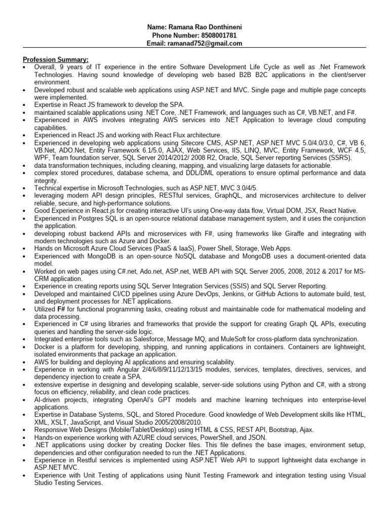 Ramana Rao Donthineni - Resume | PDF | Language Integrated Query | Microsoft Sql Server