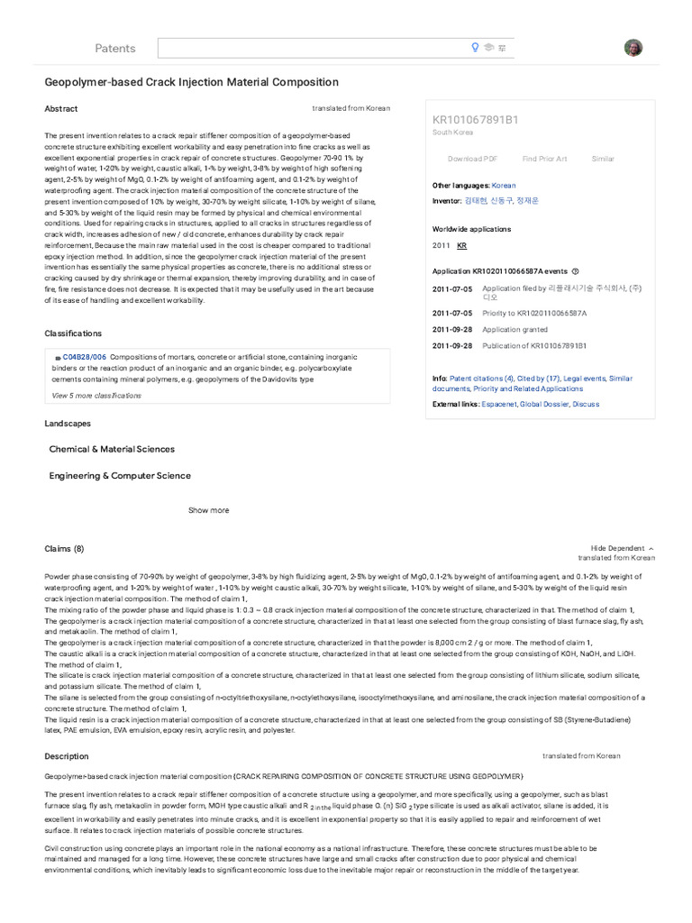 KR101067891B1 - Geopolymer-Based Crack Injection Material Composition ...