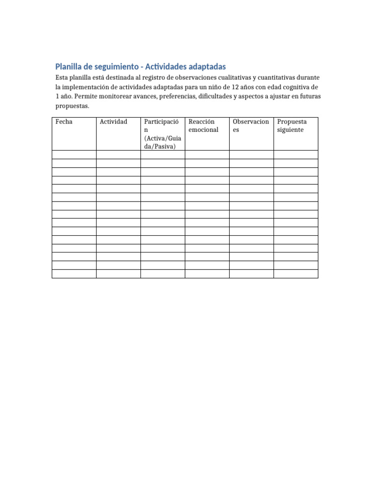 Planilla Seguimiento Actividades Adaptadas | PDF