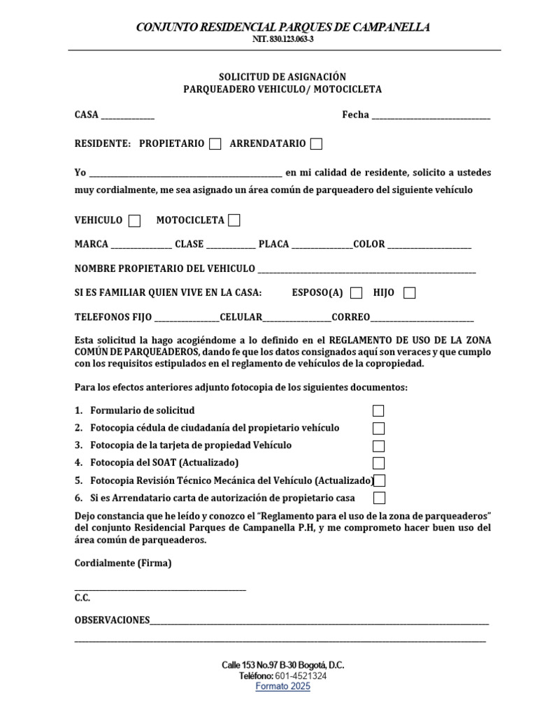 Formato Solicitud Espacio Parqueo 2025 | PDF
