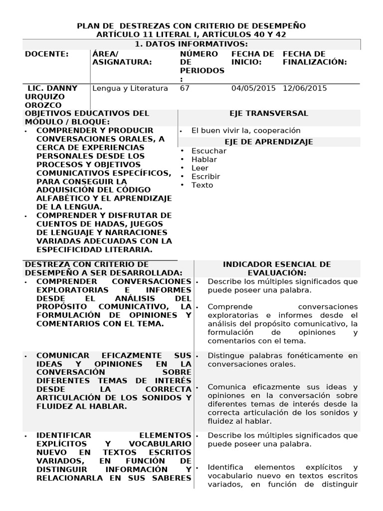 Plan de Destrezas | PDF | Palabra | Aprendizaje
