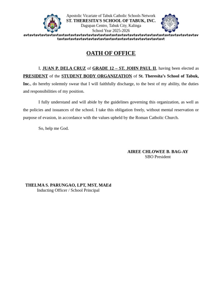 St. Theresita's School Oath of Office 2025 | PDF