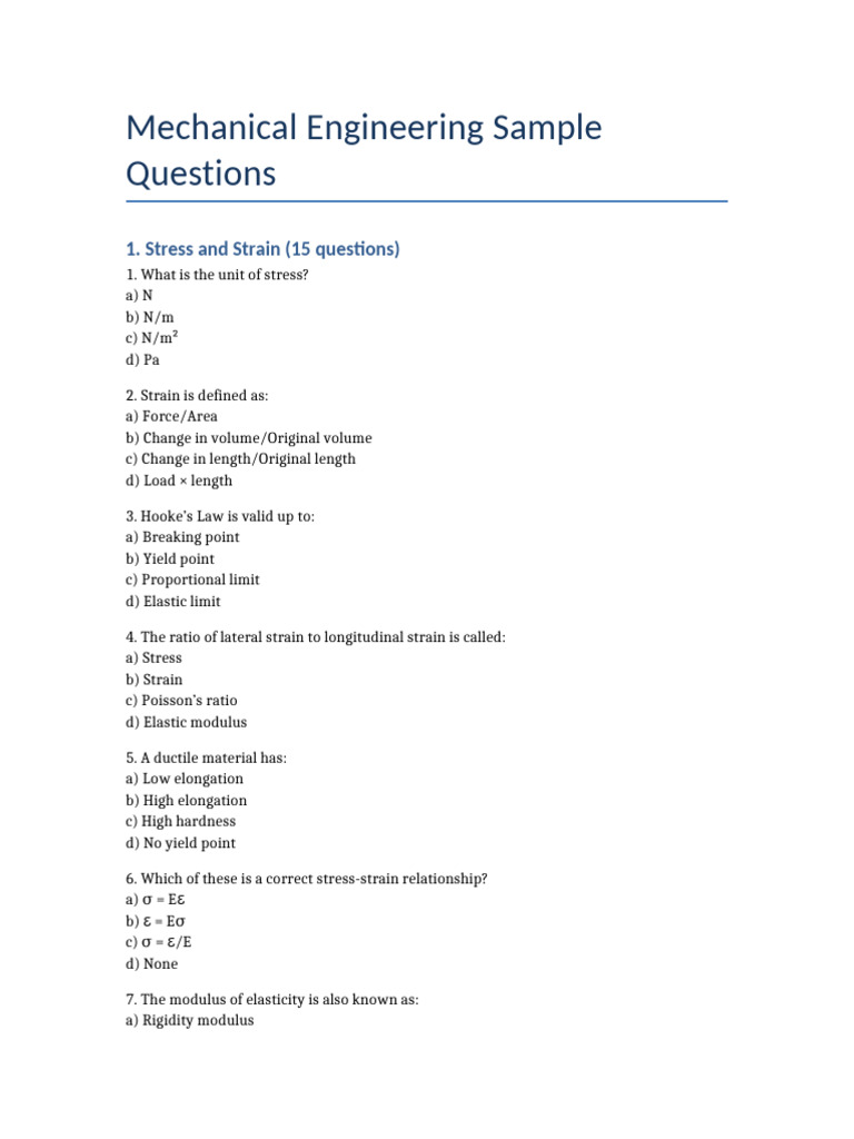 Mechanical Engineering 80 Sample Questions | PDF | Young's Modulus ...