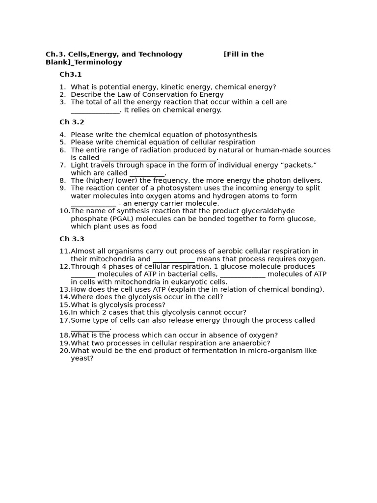 Chatper 3 Worksheet FIB | PDF | Cellular Respiration | Metabolism
